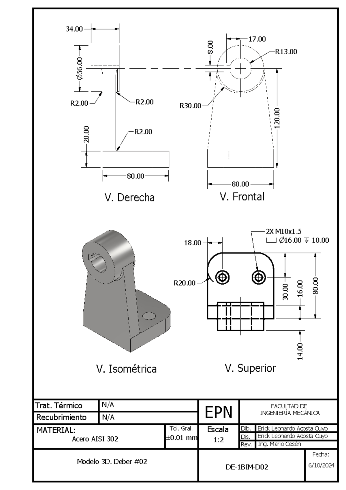 Plano de una brida modelada en 3d en inventor - V. Frontal V. Superior V. Derecha V. Isométrica ...