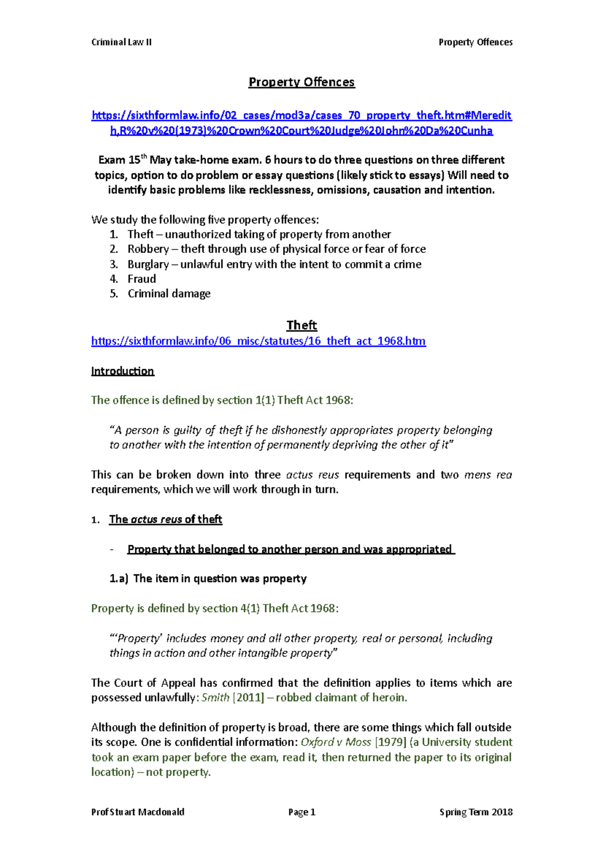 Property offences - handout - Criminal Law II Property Offences ...