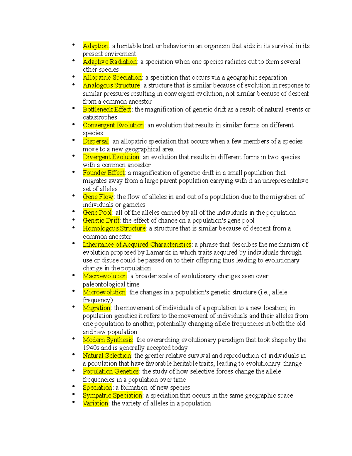 Ch. 11 Vocab - Adaption: a heritable trait or behavior in an organism ...