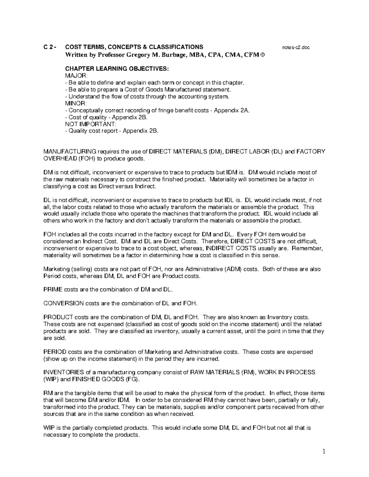 Notes-c2 - Class note of Accounting - C 2 - COST TERMS, CONCEPTS ...