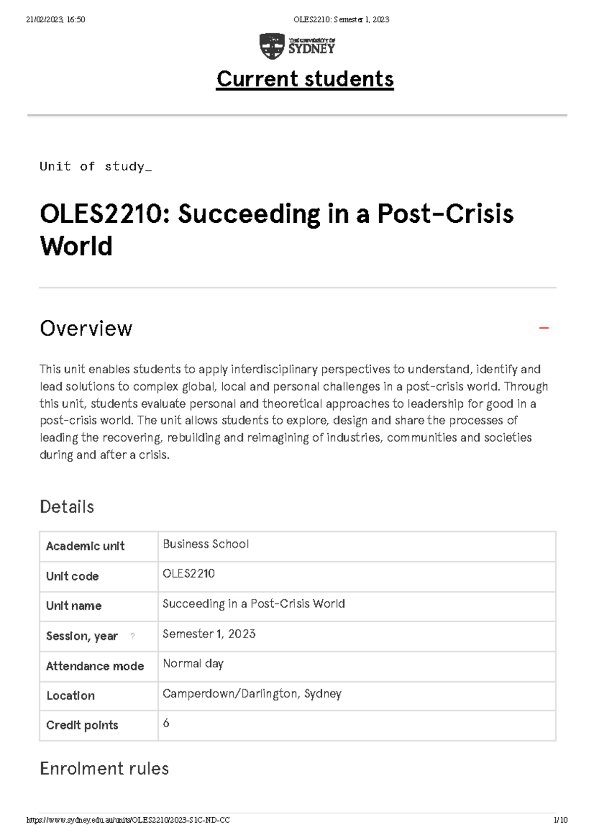 OLES2210 Unit Outline - Unit of study_ OLES2210: Succeeding in a Post ...