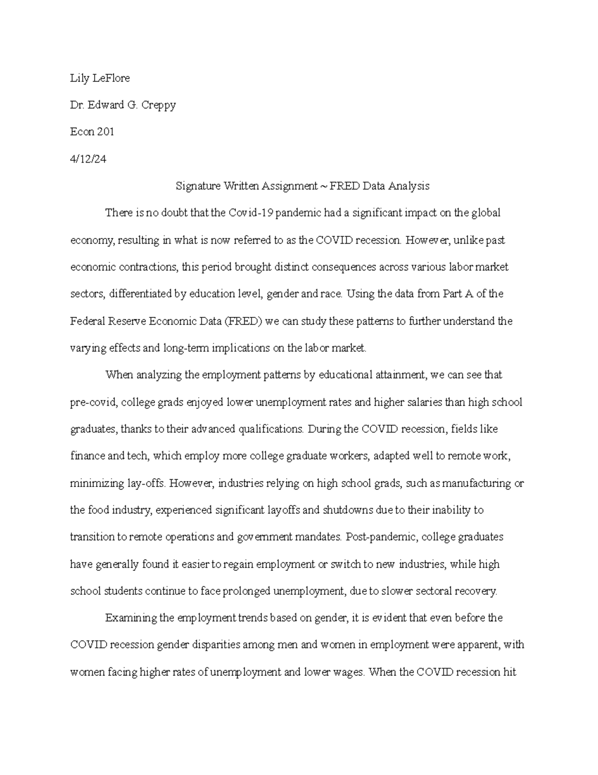 Signature Written Assignment ~ FRED Data Analysis - Lily LeFlore Dr ...