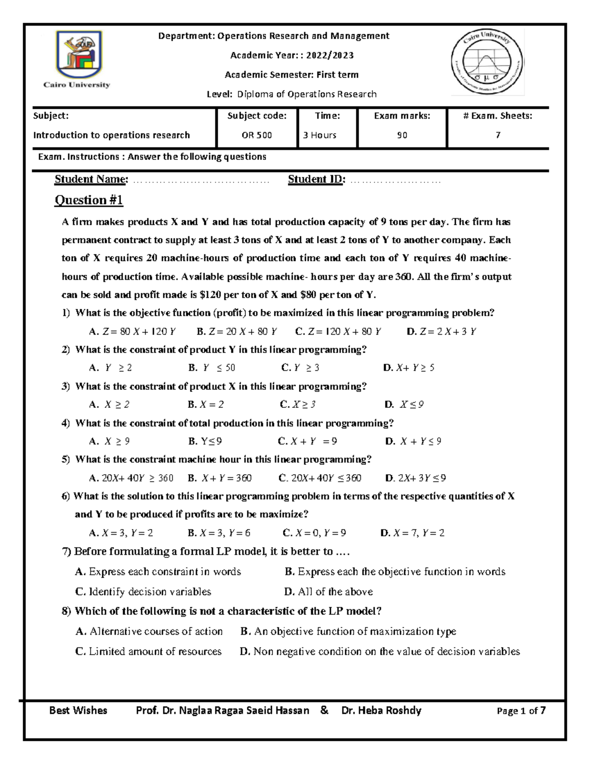 OR500 -2023 - Practice questions, exams and sheets ...etc. - Student ...