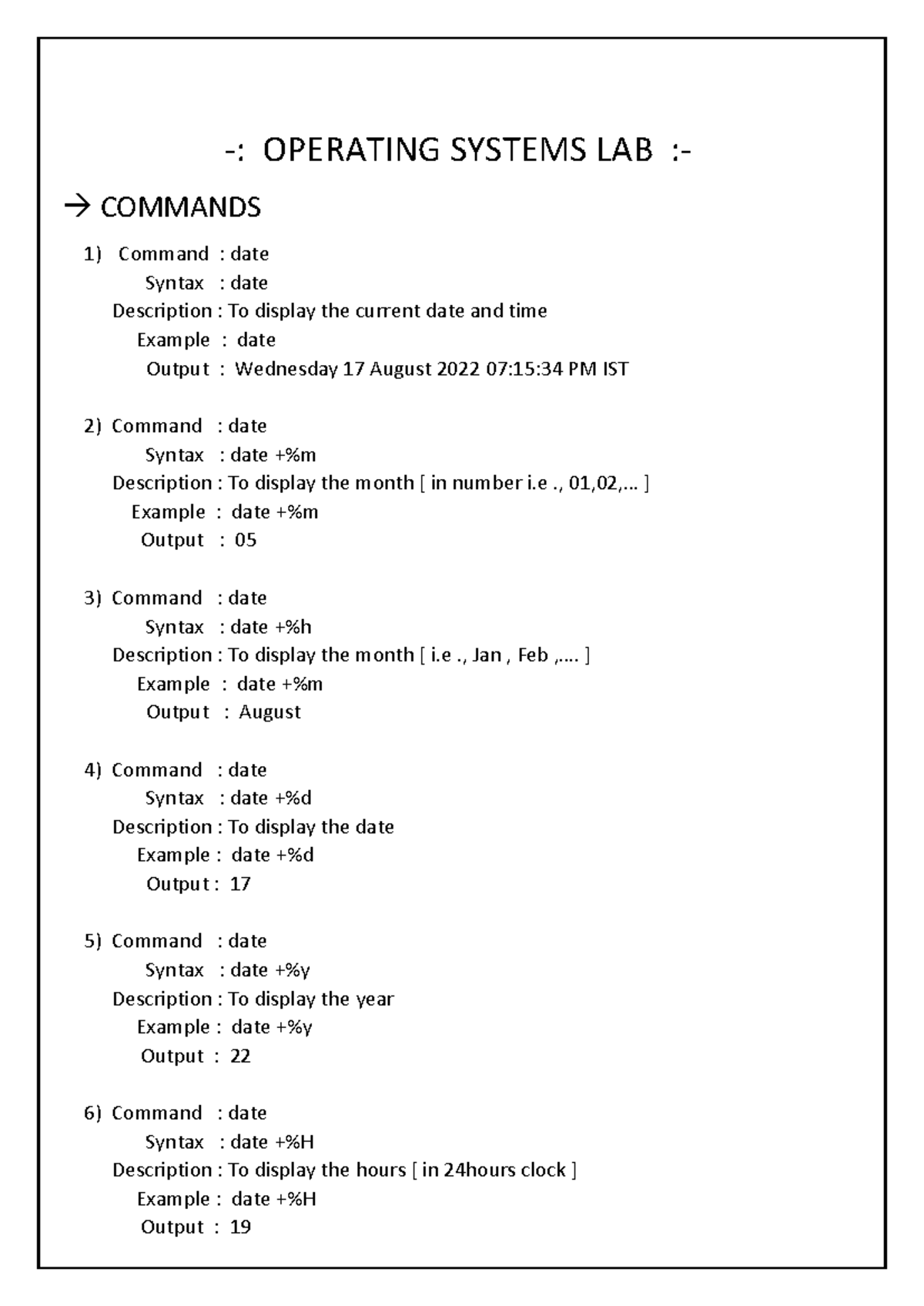 OS LAB Program merged - : OPERATING SYSTEMS LAB :- COMMANDS 1) Command : date Syntax : date ...