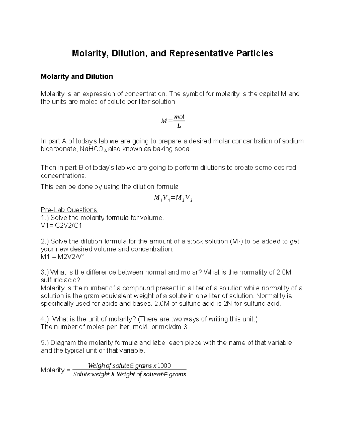 Molarity Dilution and Representative Particles Lab Lauren Church ...