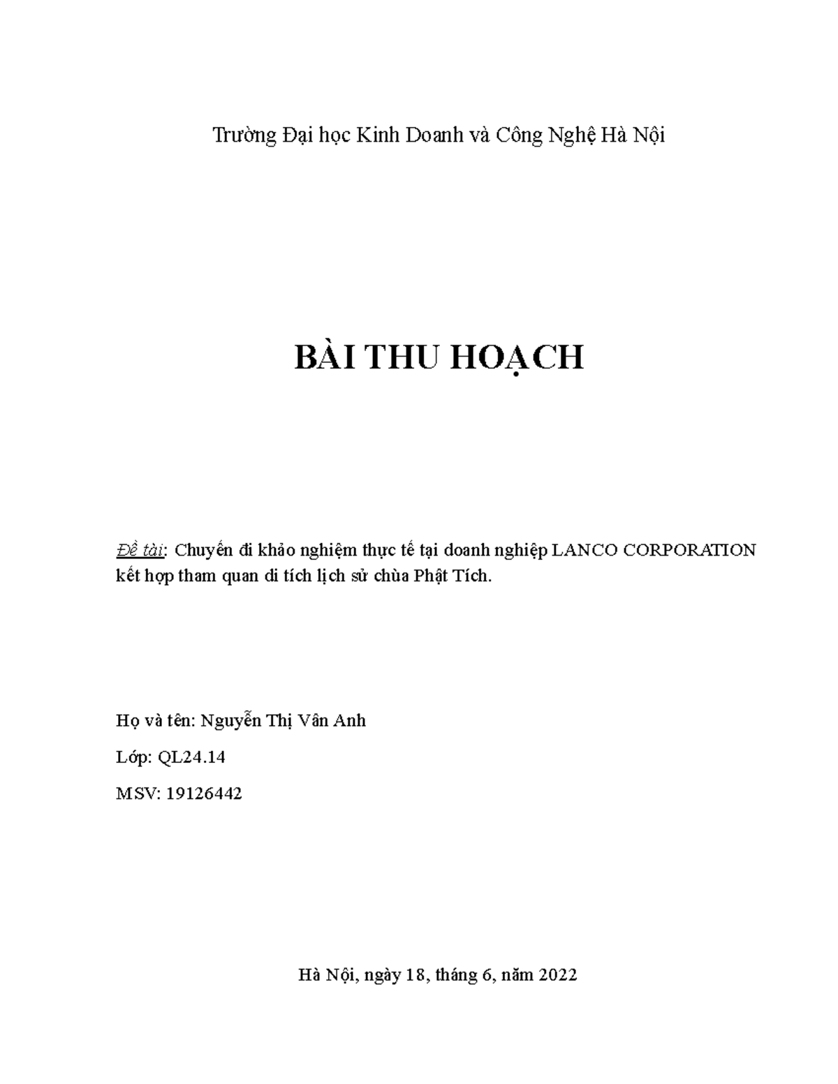 Bài thu hoạch - NTVA - Trường Đại học Kinh Doanh và Công Nghệ Hà Nội ...