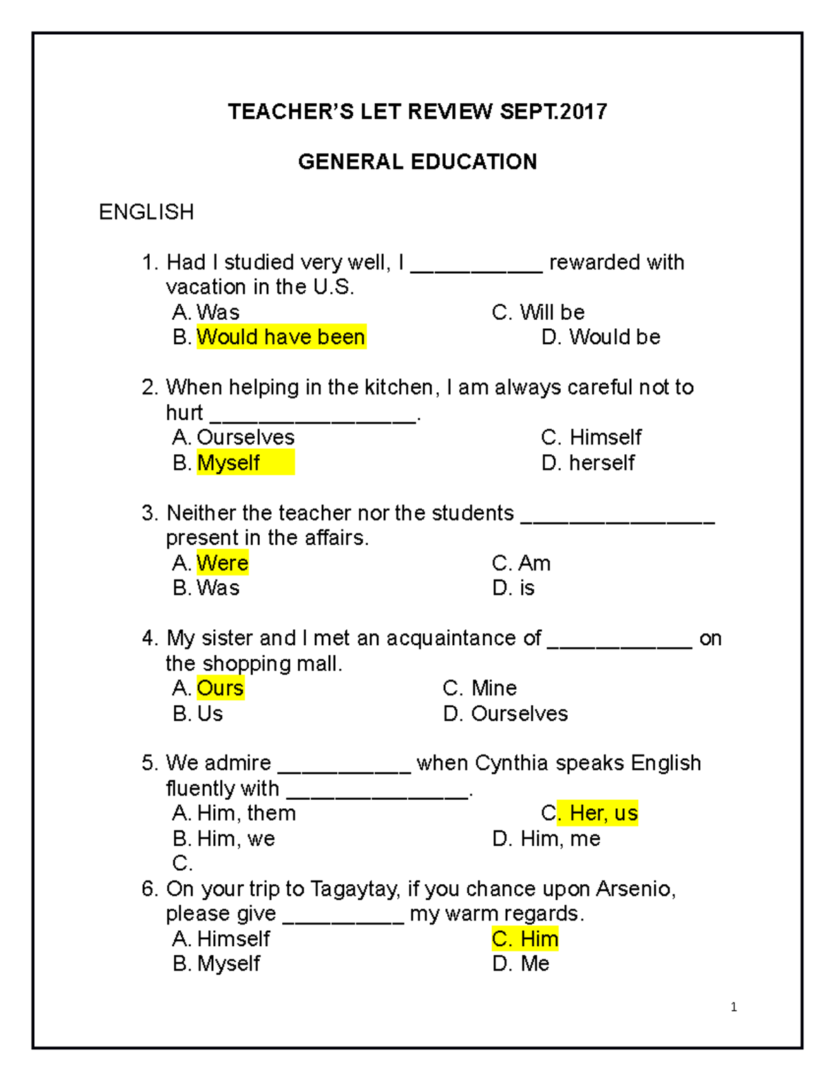 Actual LET Reviewer General Education - TEACHER’S LET REVIEW SEPT ...