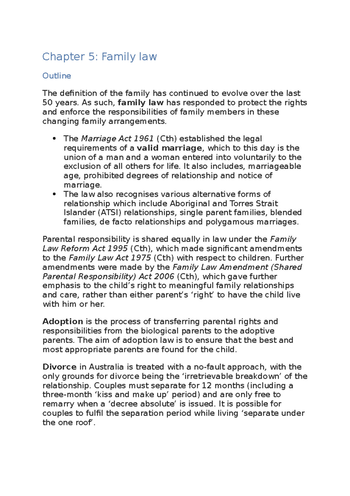 Legal book - Family law - Chapter 5: Family law Outline The definition ...