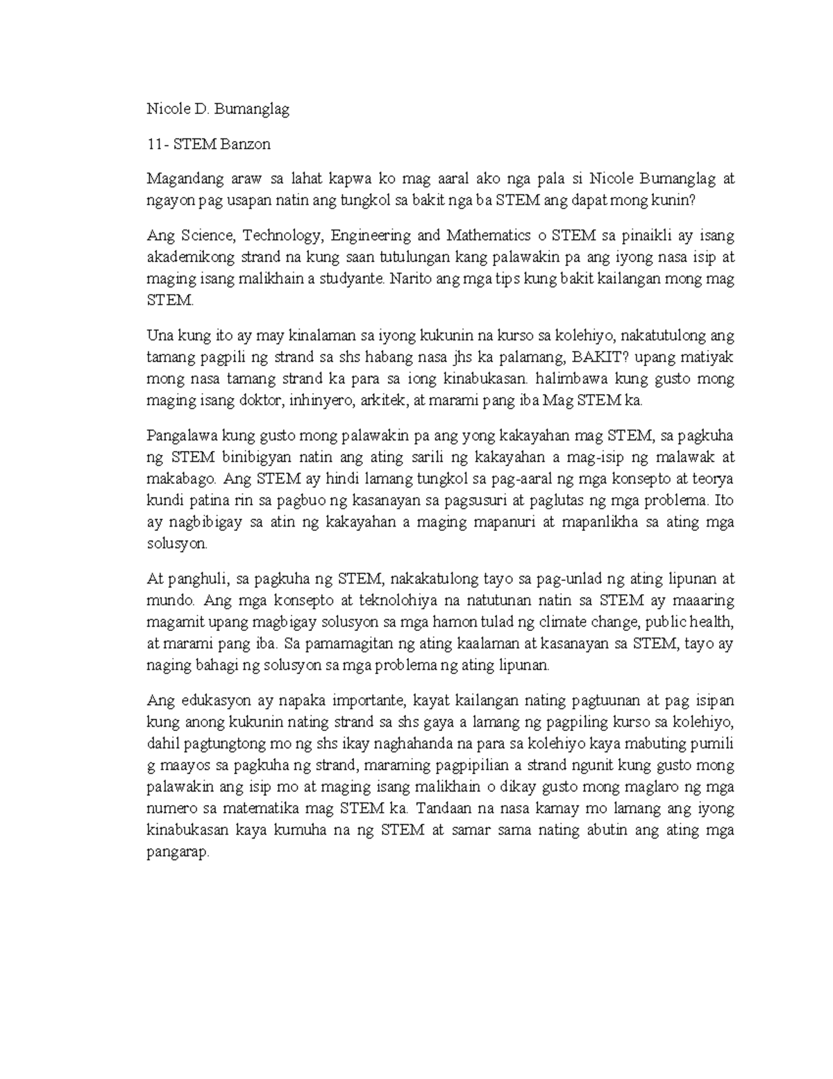 Filipino clara - dot - Nicole D. Bumanglag 11- STEM Banzon Magandang araw sa lahat kapwa ko mag ...