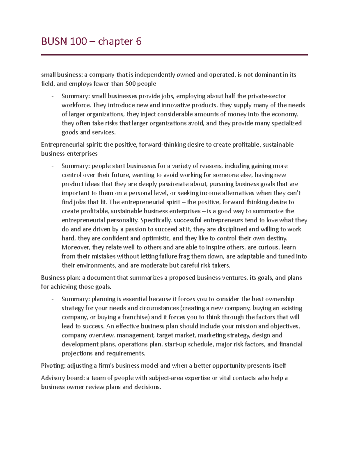 BUSN 100- chapter 6 notes - BUSN 100 – chapter 6 small business: a ...