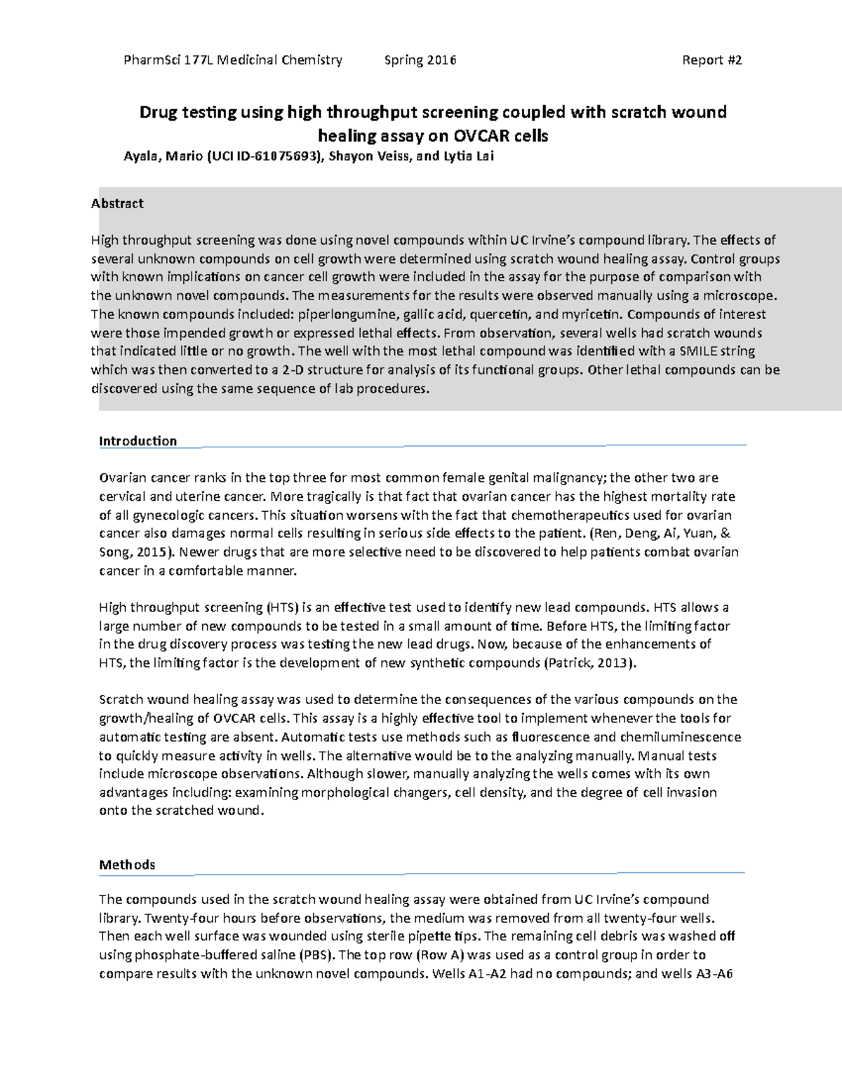 Lab Report HTS - Drug testing using high throughput screening coupled ...