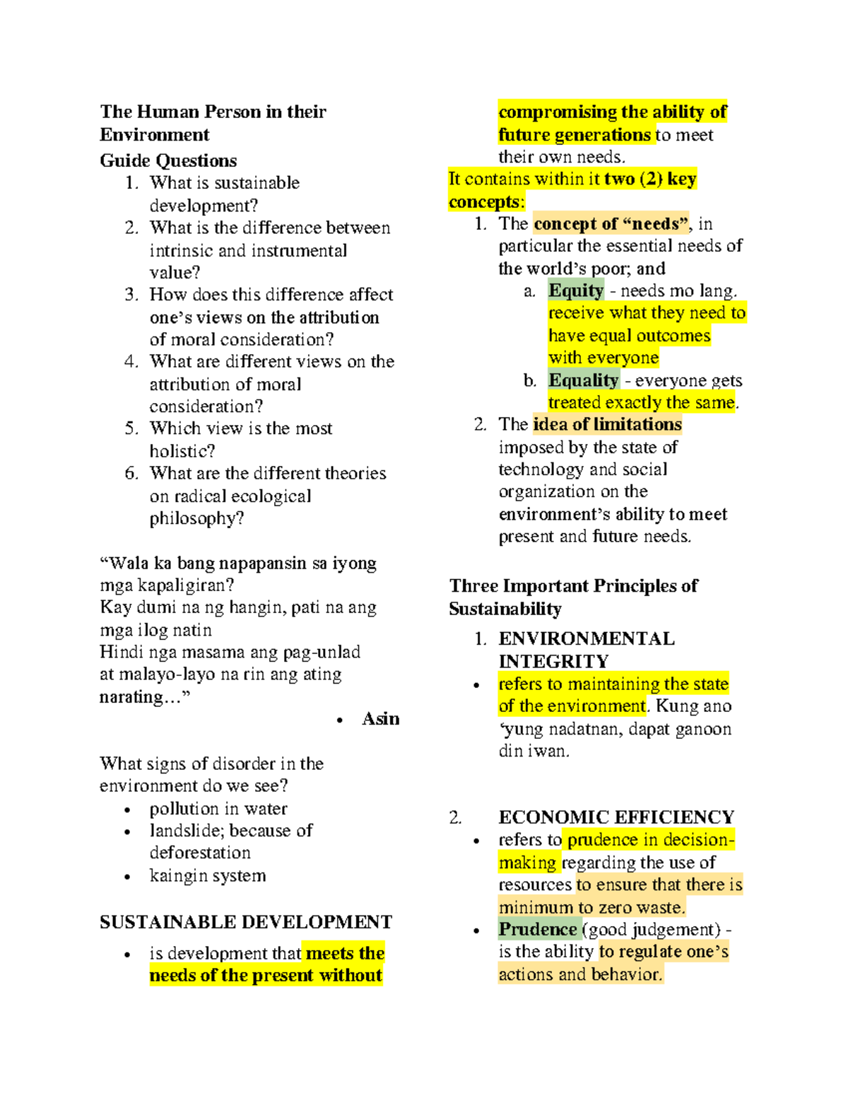 Philosophy- Reviewer - The Human Person in their Environment Guide ...