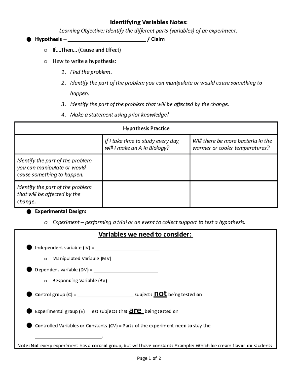 Identifying Variables Notes Identifying Variables Notes Learning Objective Identify The