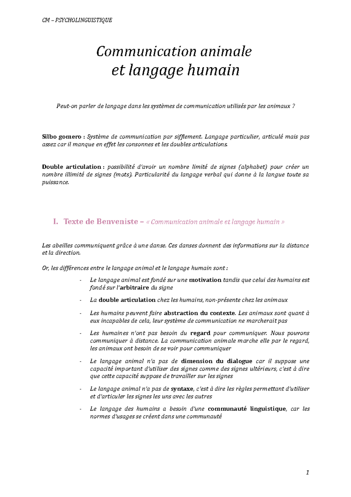 2 - Communication animale et langage humain - CM PSYCHOLINGUISTIQUE ...