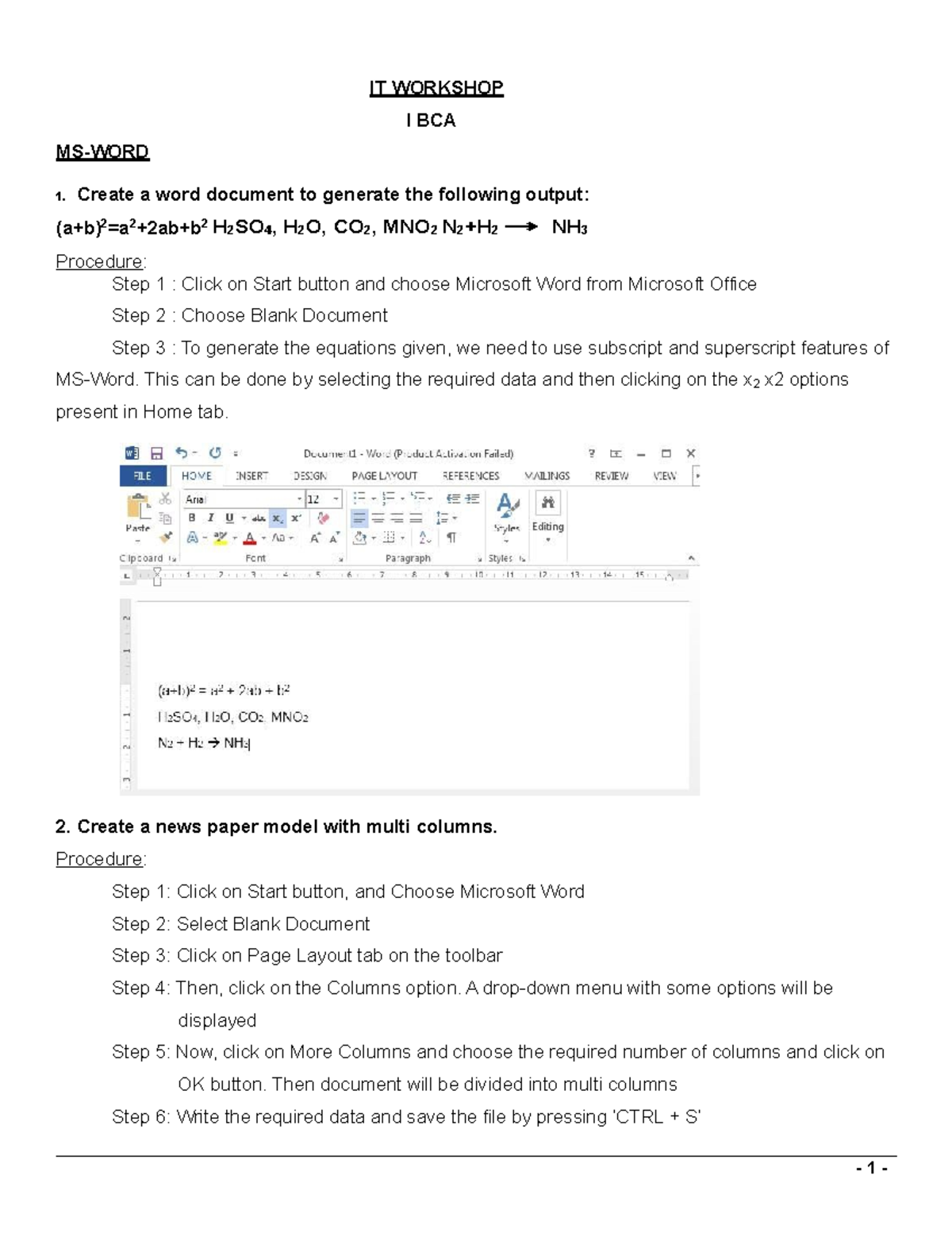 IT workshop - 1 - MS-WORD IT WORKSHOP I BCA Create a word document to ...