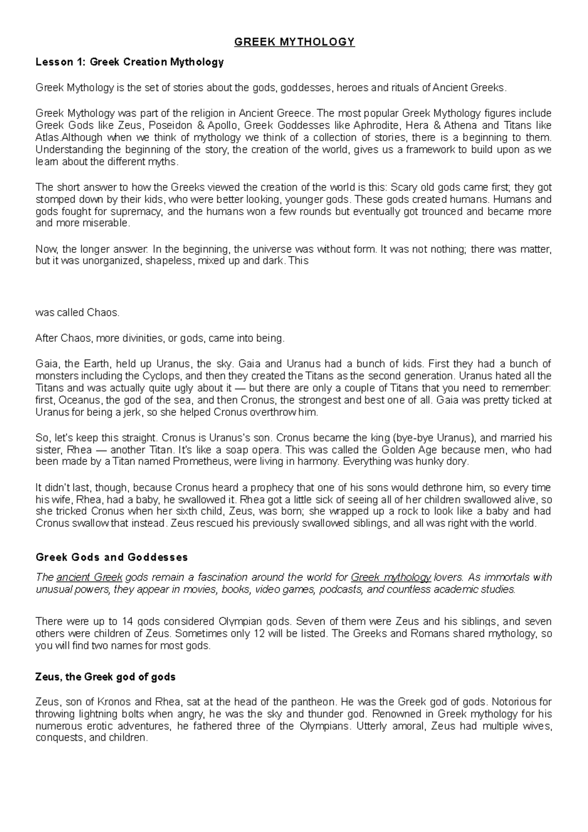 Greek Mythology - A lecture note - GREEK MYTHOLOGY Lesson 1: Greek ...