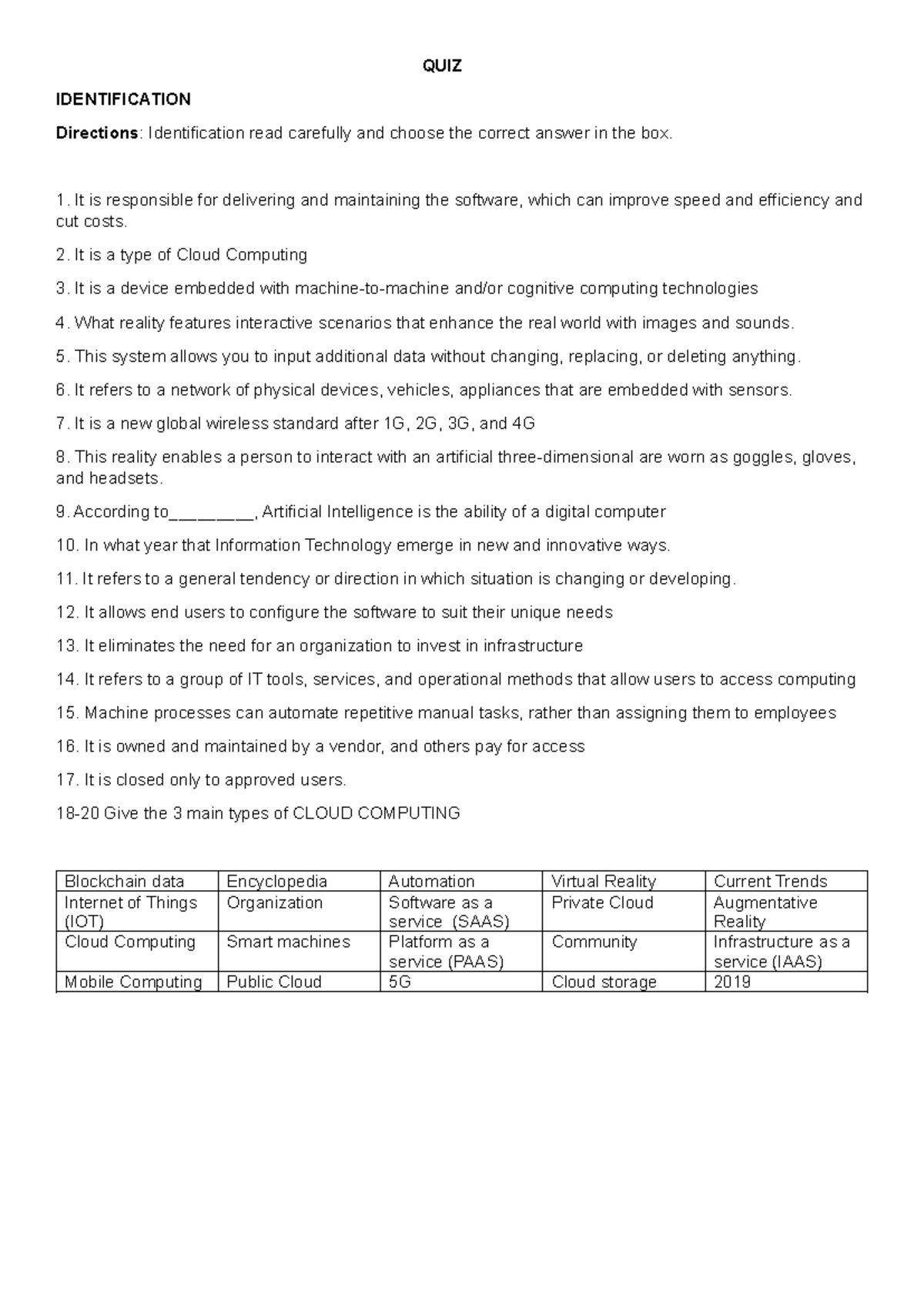 QUIZ - Quizzziz - QUIZ IDENTIFICATION Directions: Identification read ...