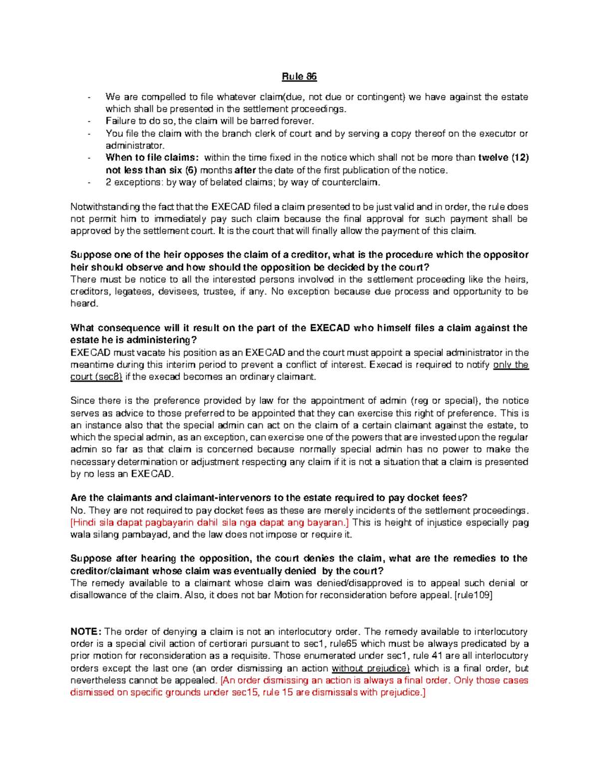 FULL Trans - Rule 86 We are compelled to file whatever claim(due, not ...