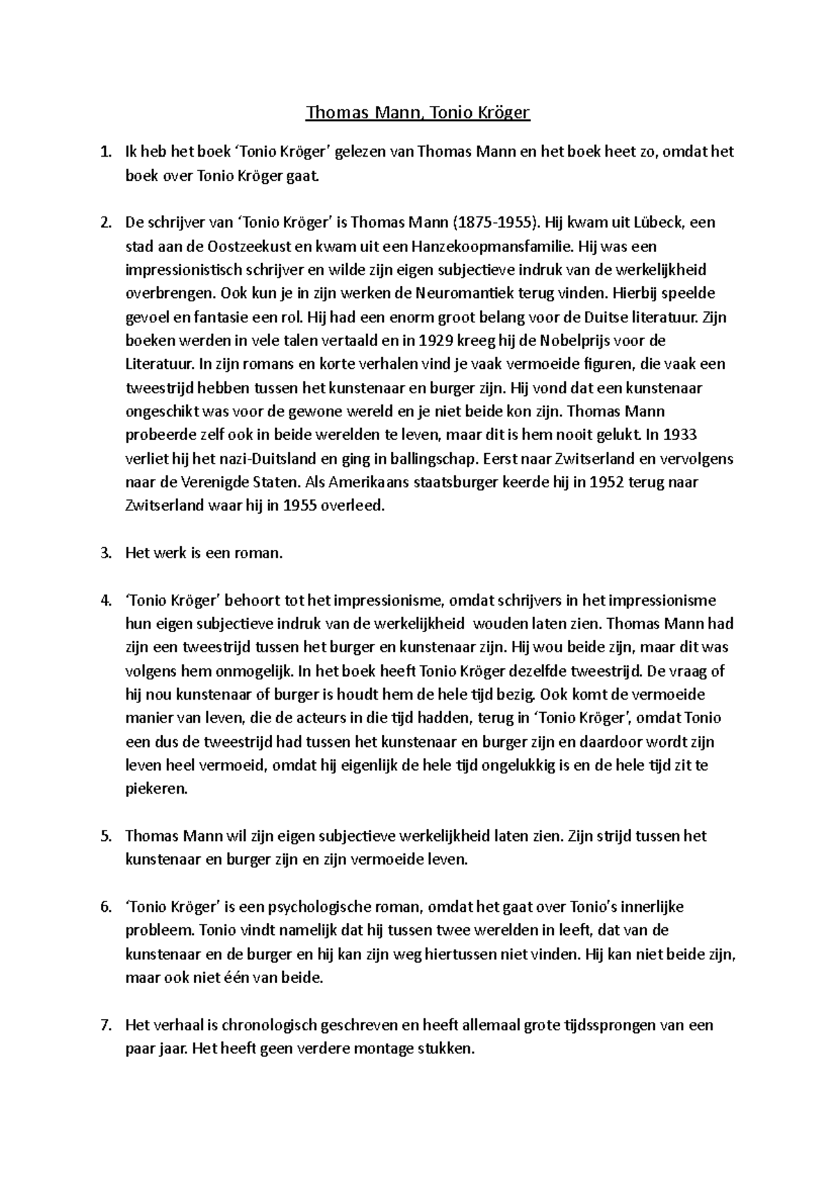 Tonio Kröger werkstuk - Thomas Mann, Tonio Kröger Ik heb het boek ...