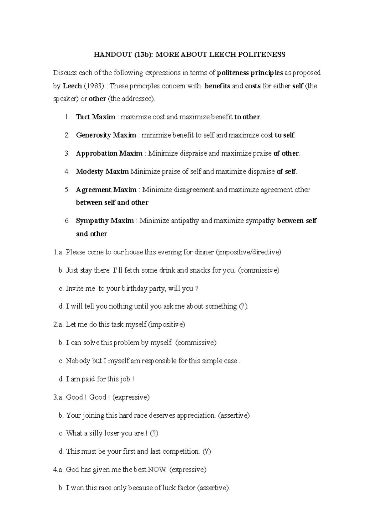 Handout (13b) MORE About Leech Politeness - HANDOUT (13b): MORE ABOUT ...