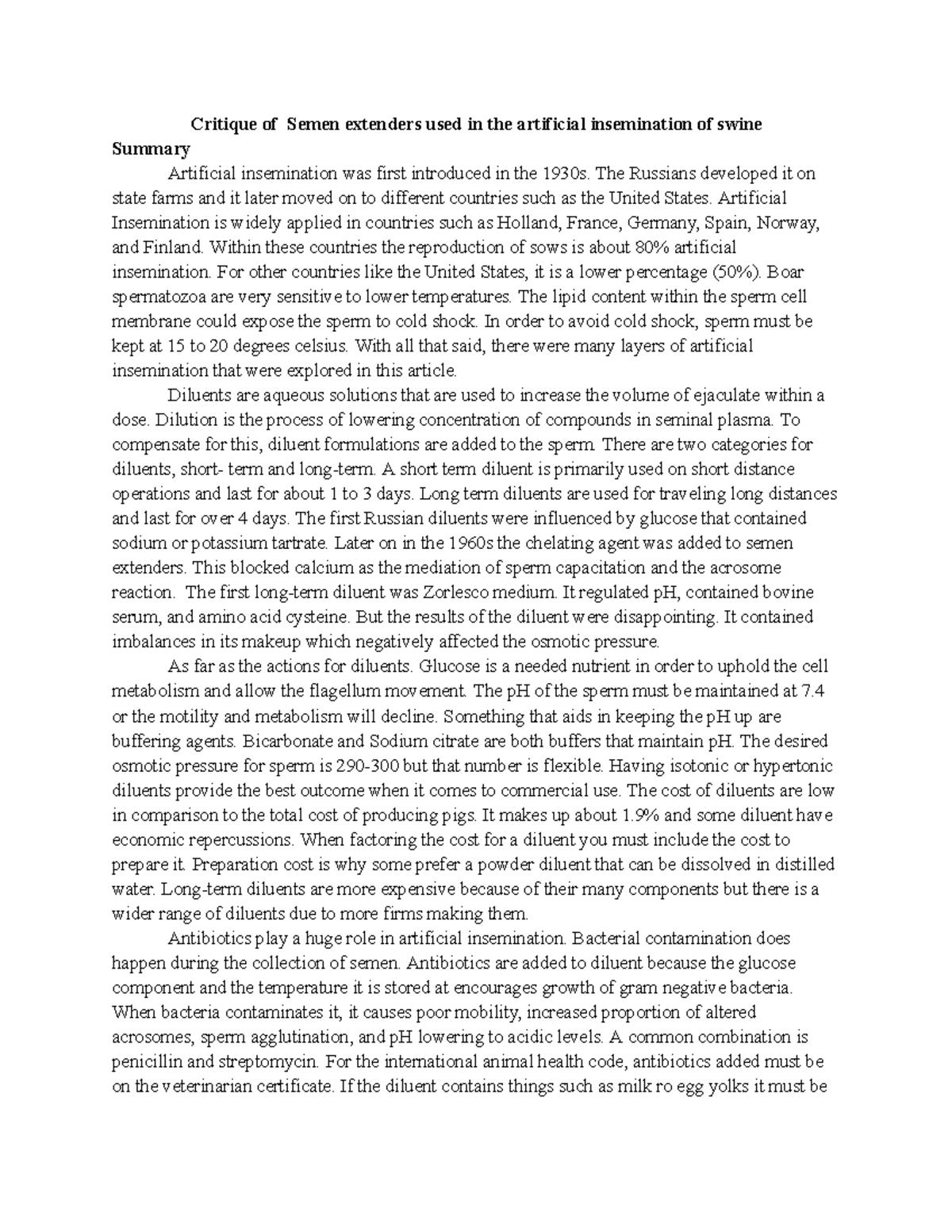 Swine Paper Critique - article review - Critique of Semen extenders ...