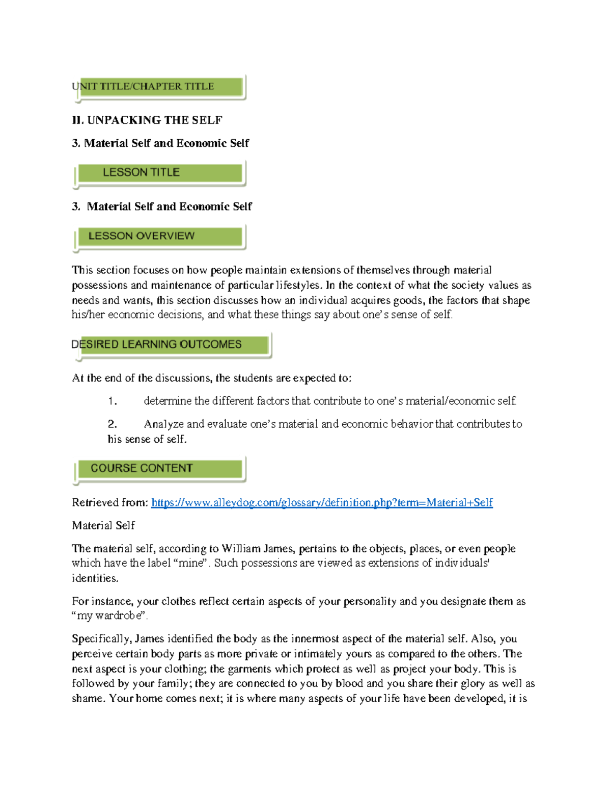 Understanding THE SELF Lesson 7 - II. UNPACKING THE SELF Material Self ...