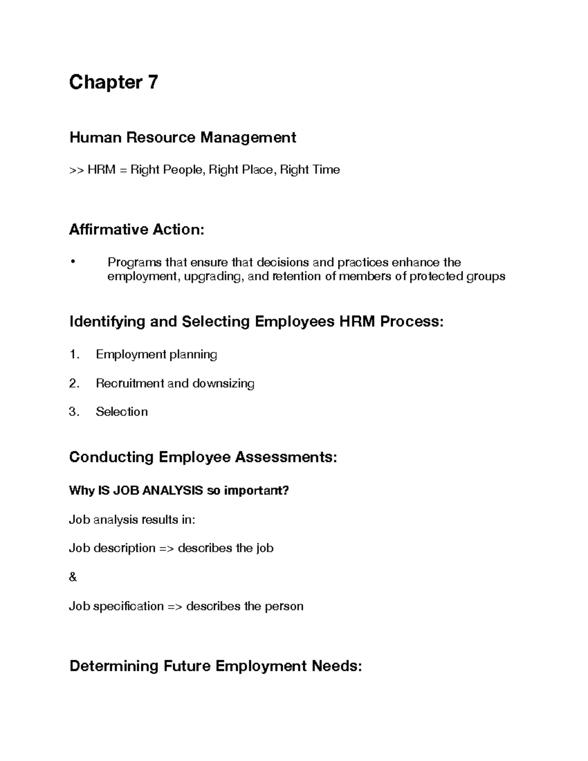 Chapter 7 summary - Management - Chapter 7 Human Resource Management ...