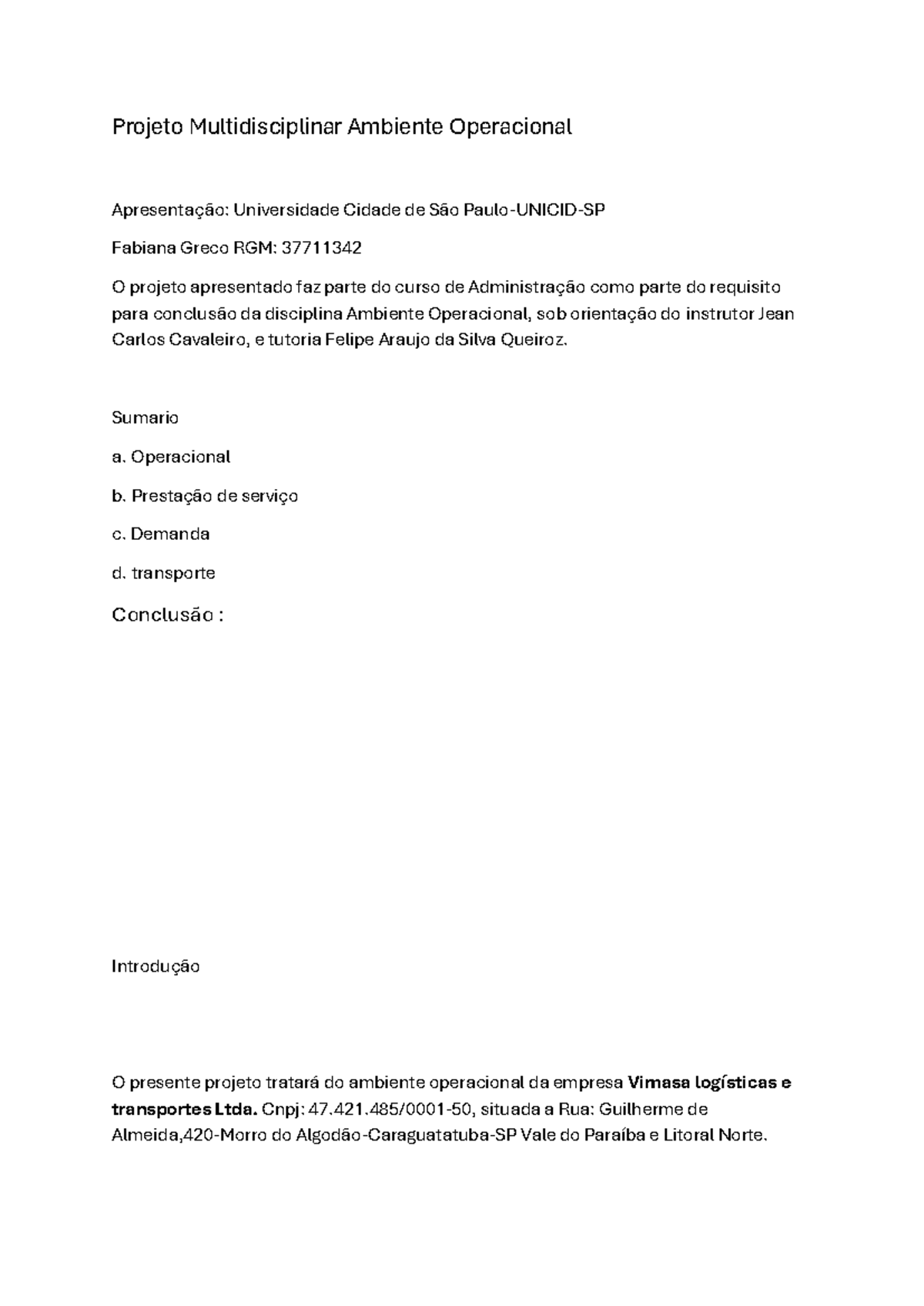 Projeto ambiente operacional - Projeto Multidisciplinar Ambiente ...