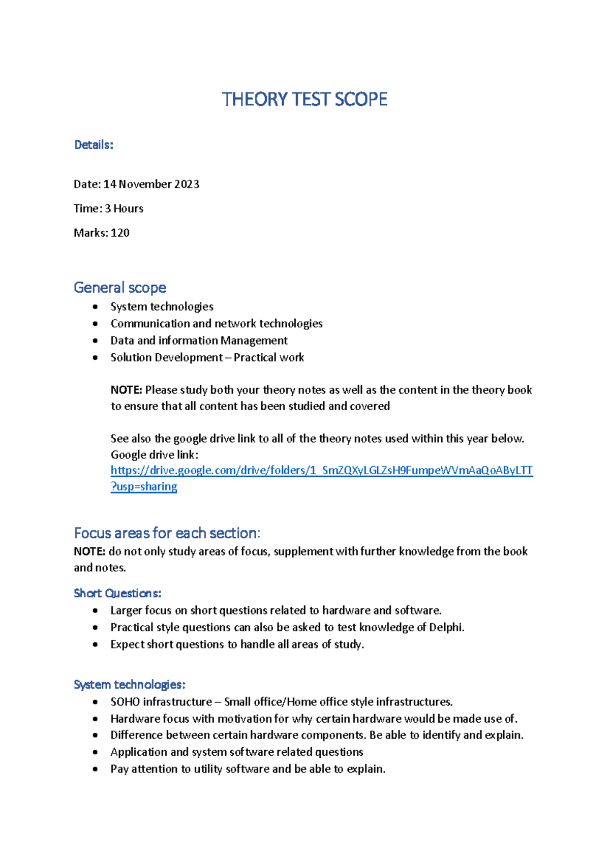 Test Scope - THEORY TEST SCOPE Details: Date: 14 November 2023 Time: 3 ...