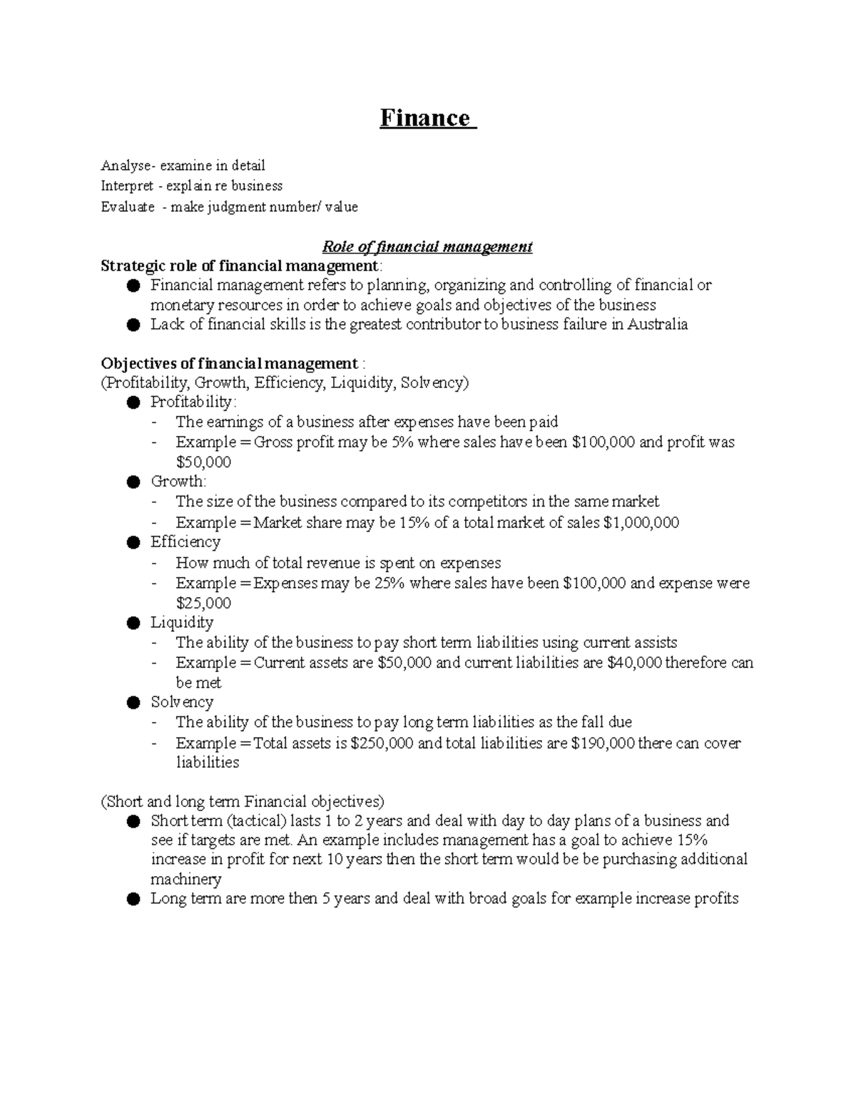 Finance notes - asd - Finance Analyse- examine in detail Interpret ...