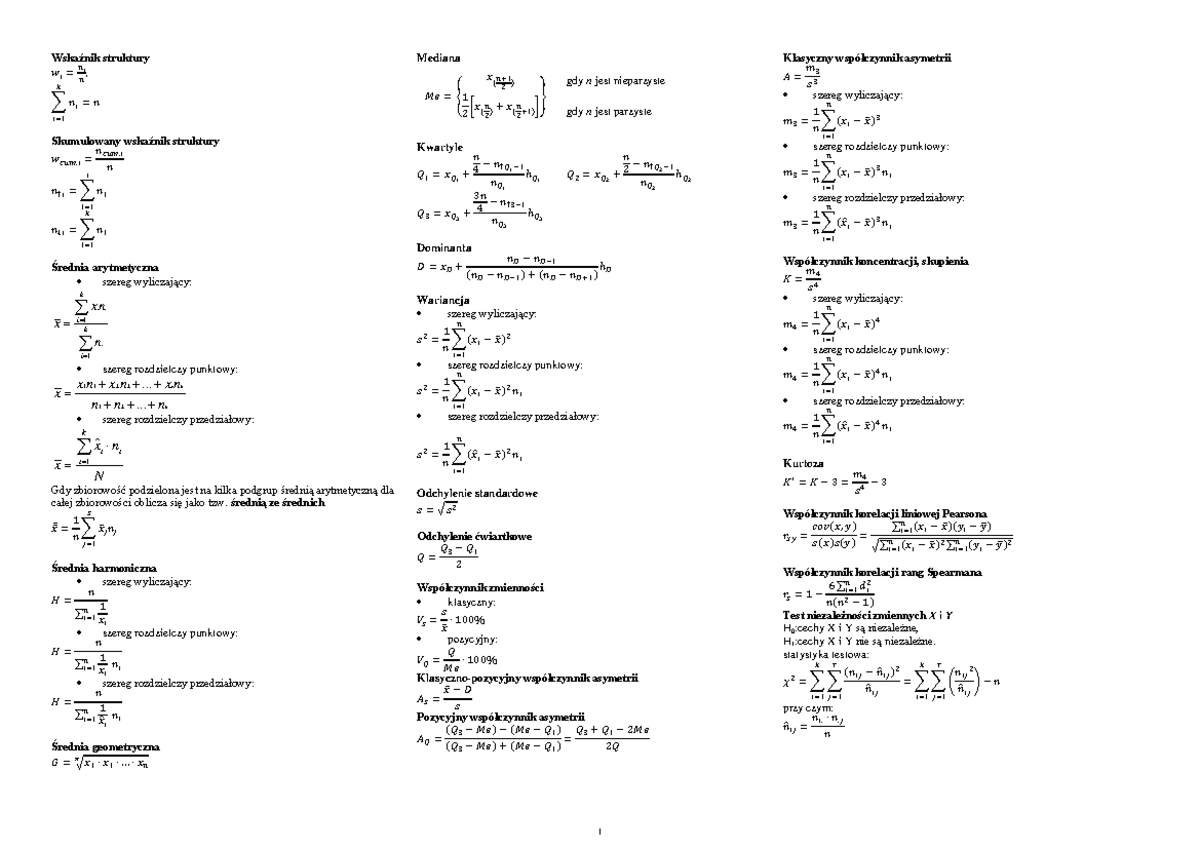 Wzory statystyka 2018 - Wskaźnik struktury 𝑛 𝑤𝑖 = 𝑖, 𝑘 𝑥(𝑛+1) 𝑛 𝑀𝑒 = {1 ...