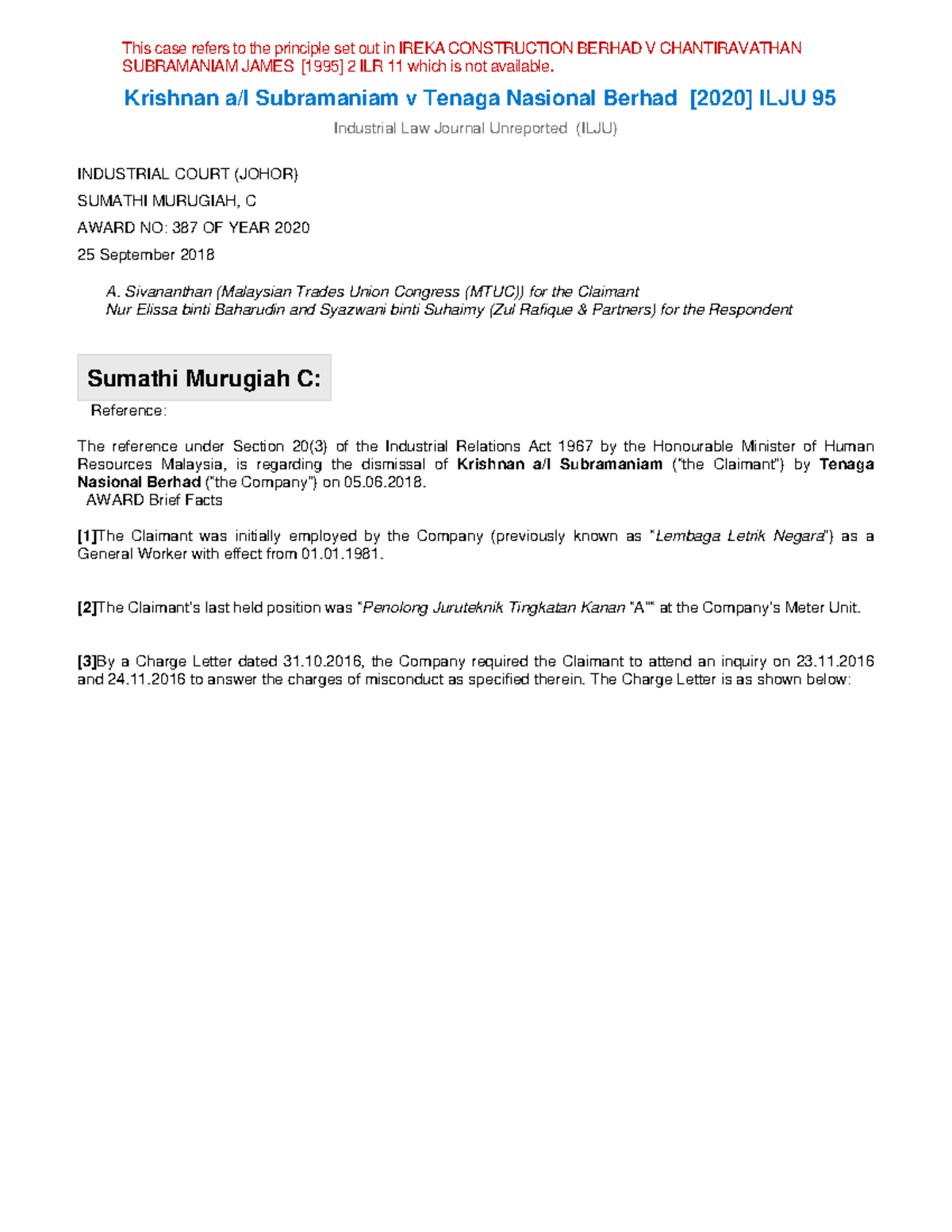 Krishnan a l Subramaniam v Tenaga Nasional Berhad [202 - Industrial Law ...