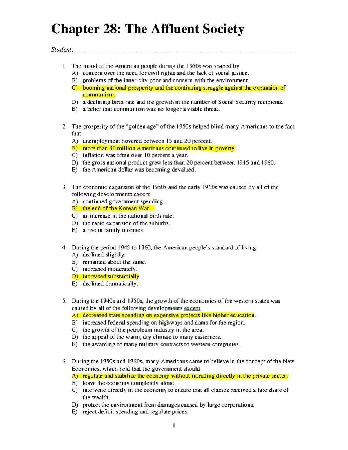 1950s APUSH Test - Chapter 28: The Affluent Society - Studocu