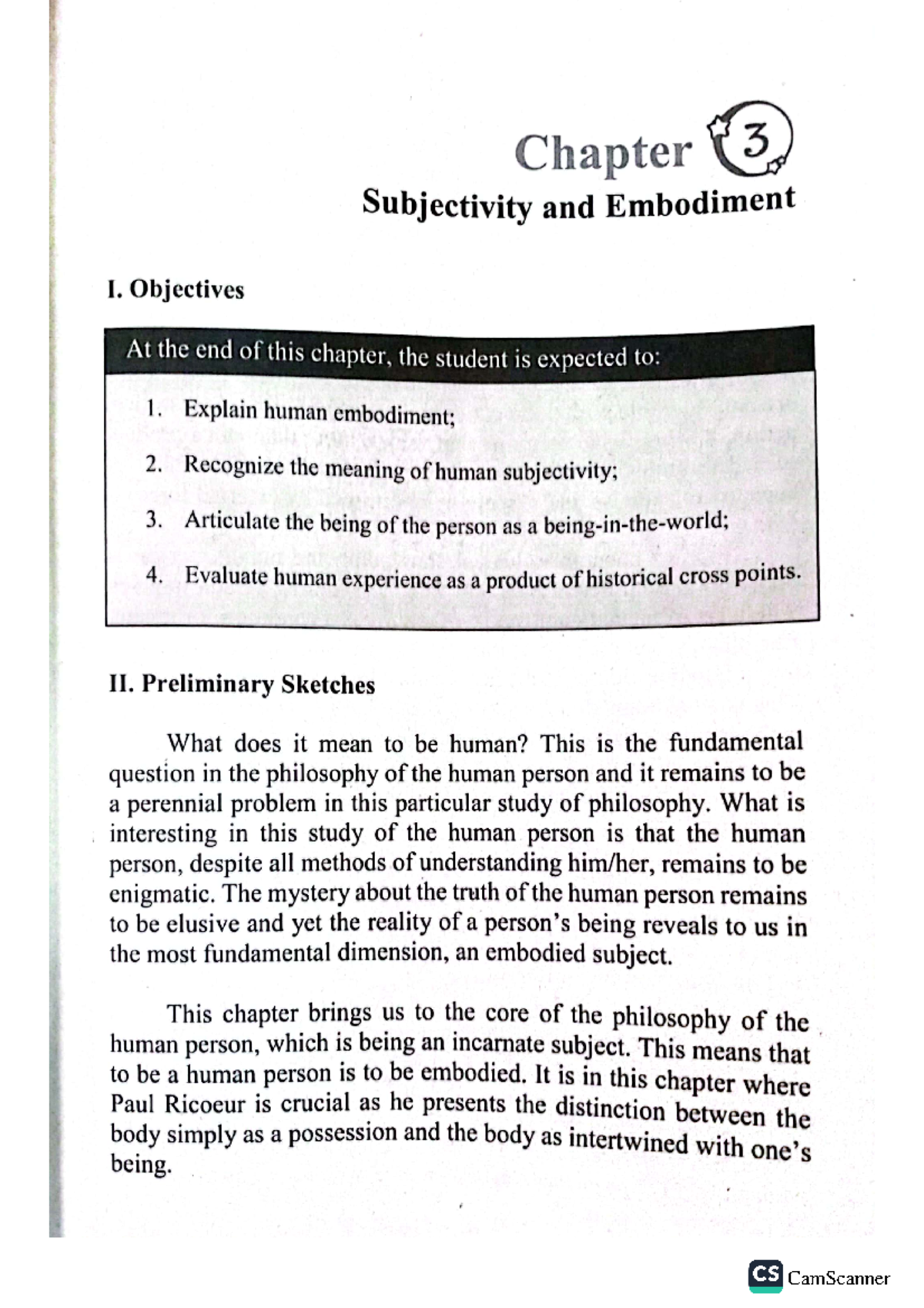 Chapter-3 - philo chapter 3 - Chapter 3 Subjectivity and Embodiment I. Objectives At the end of ...