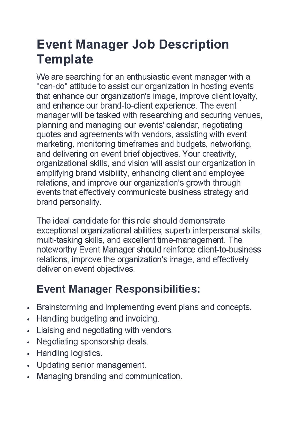 Event Manager Job Description Template - Event Manager Job Description ...