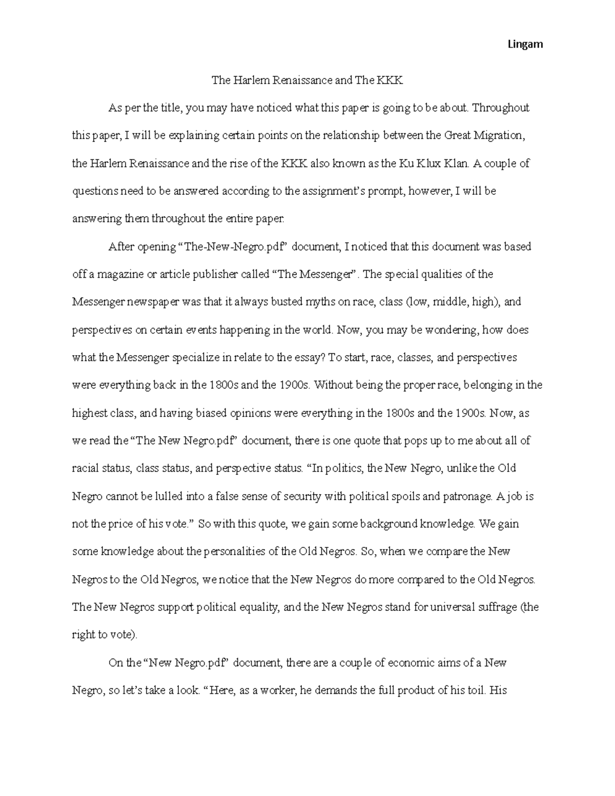 The Harlem Renaissance and The KKK (Assignment 5) - Lingam The Harlem ...