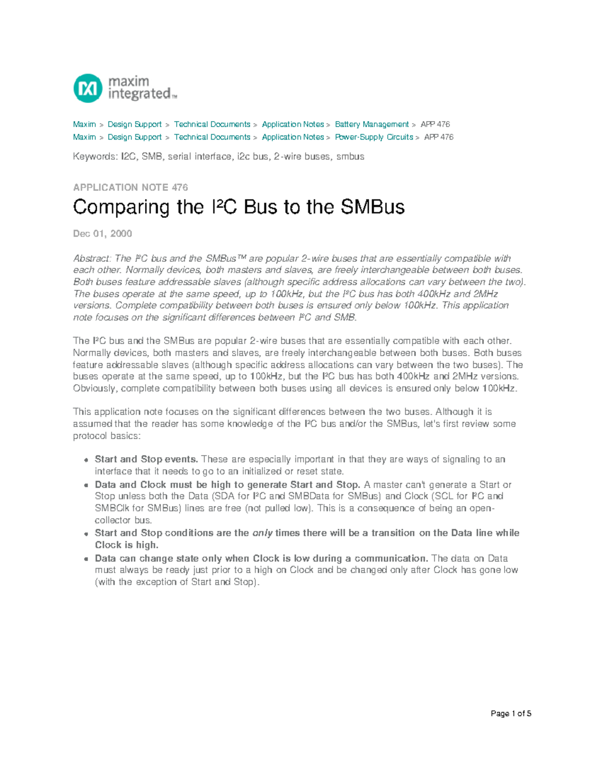 Comparing the I²C Bus to the SMBus - Maxim > Design Support > Technical ...