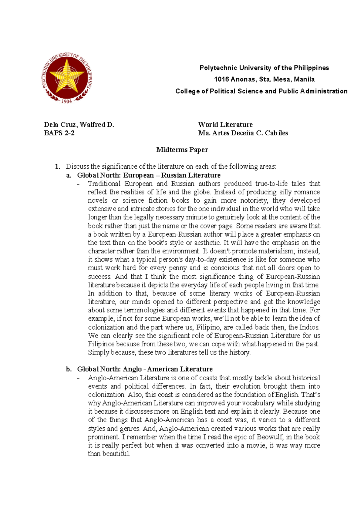 World Literature MIdterms Paper - Dela Cruz, Walfred D. World ...