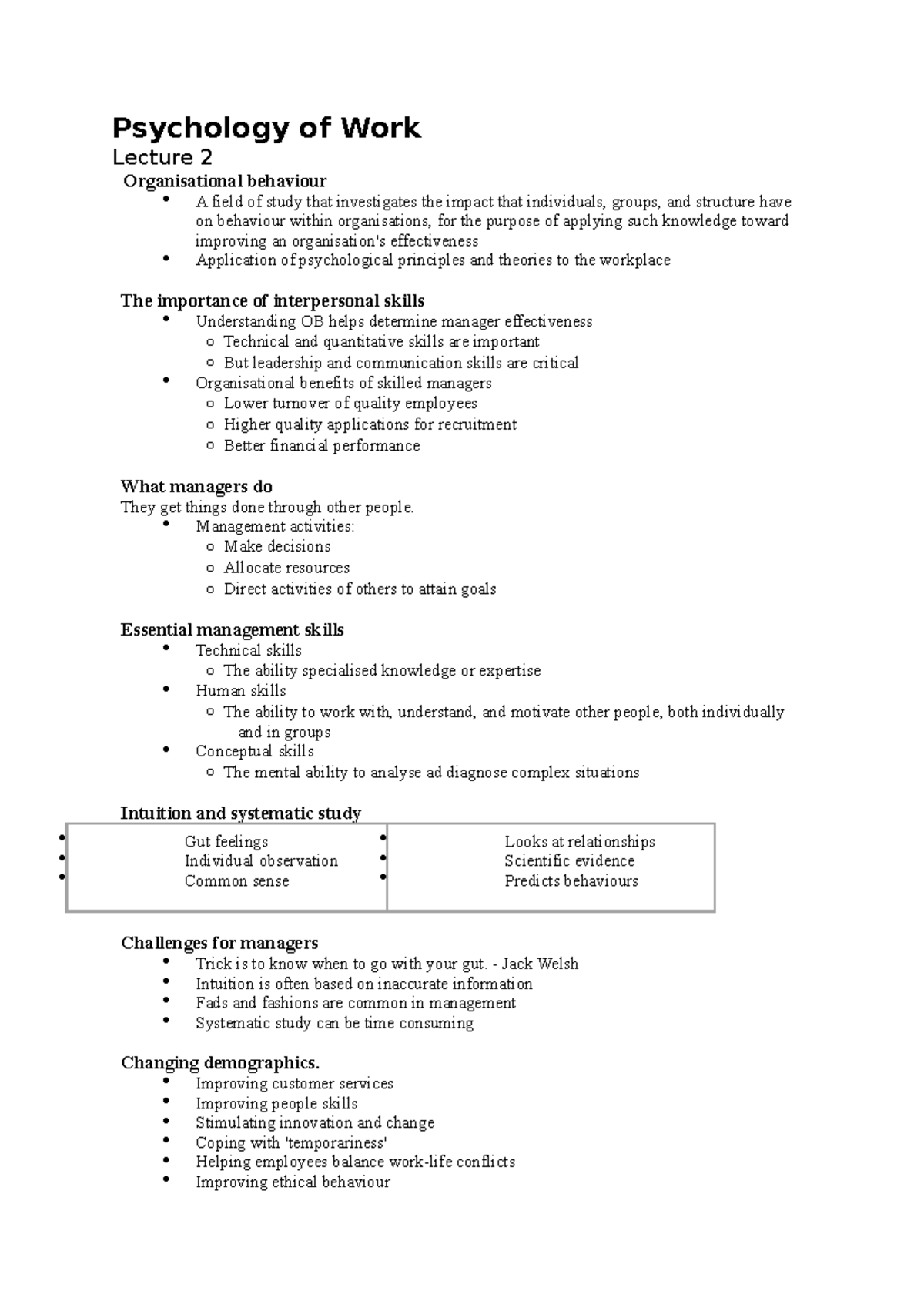 Psychology of Work - Lecture notes 2-13 - Psychology of Work Lecture 2 ...