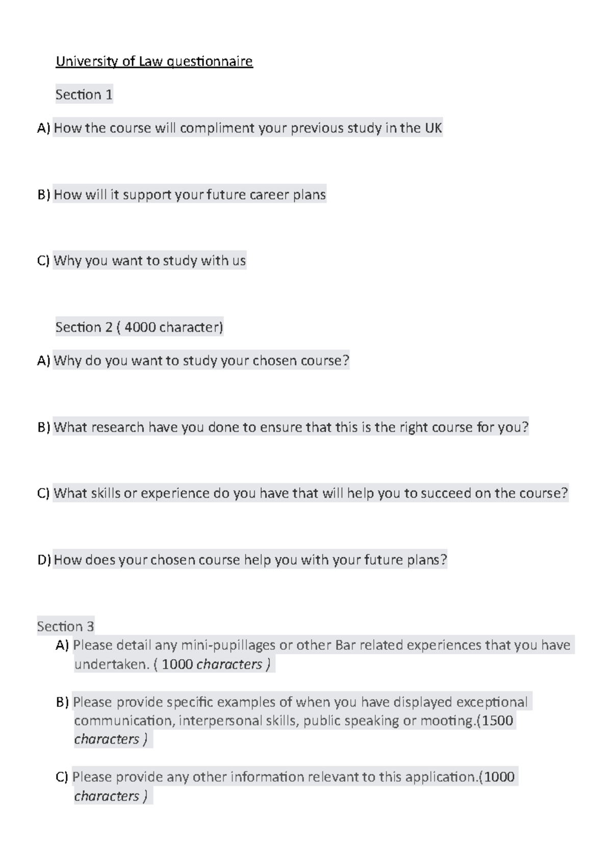 Personal statement questionnaire - University of Law questionnaire ...