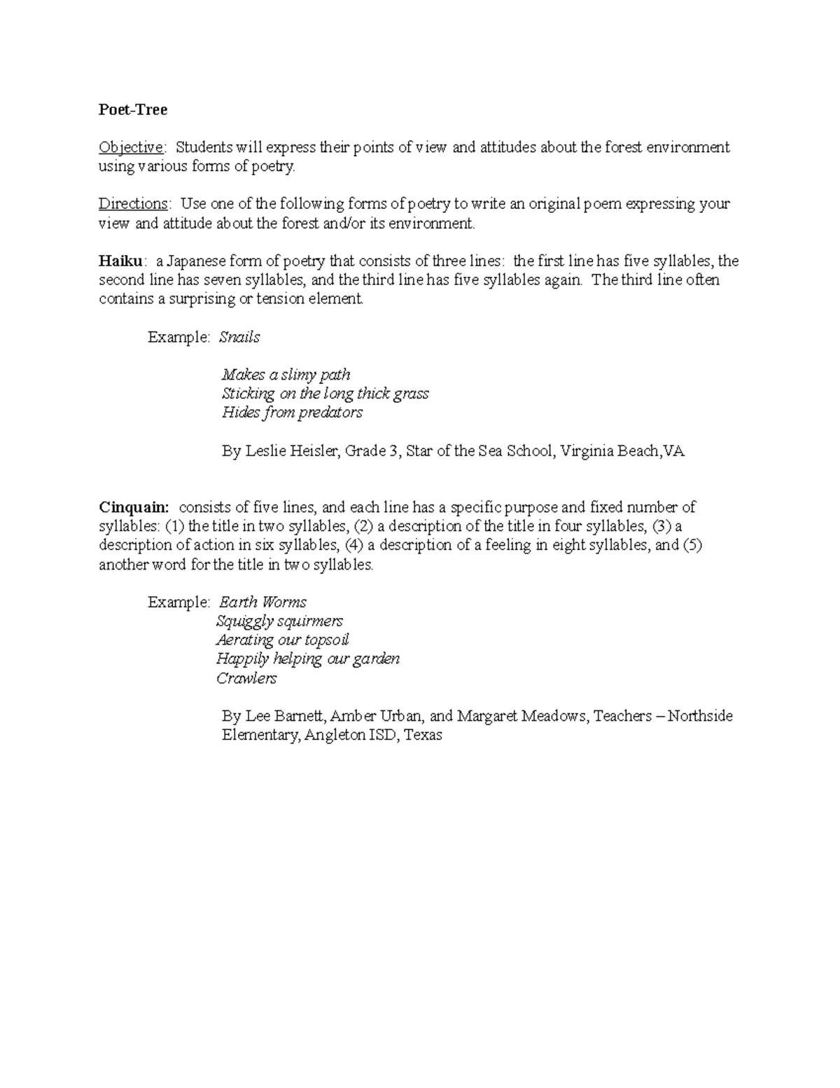 Poet Tree - fun assignment she gave - Poet-Tree Objective: Students ...