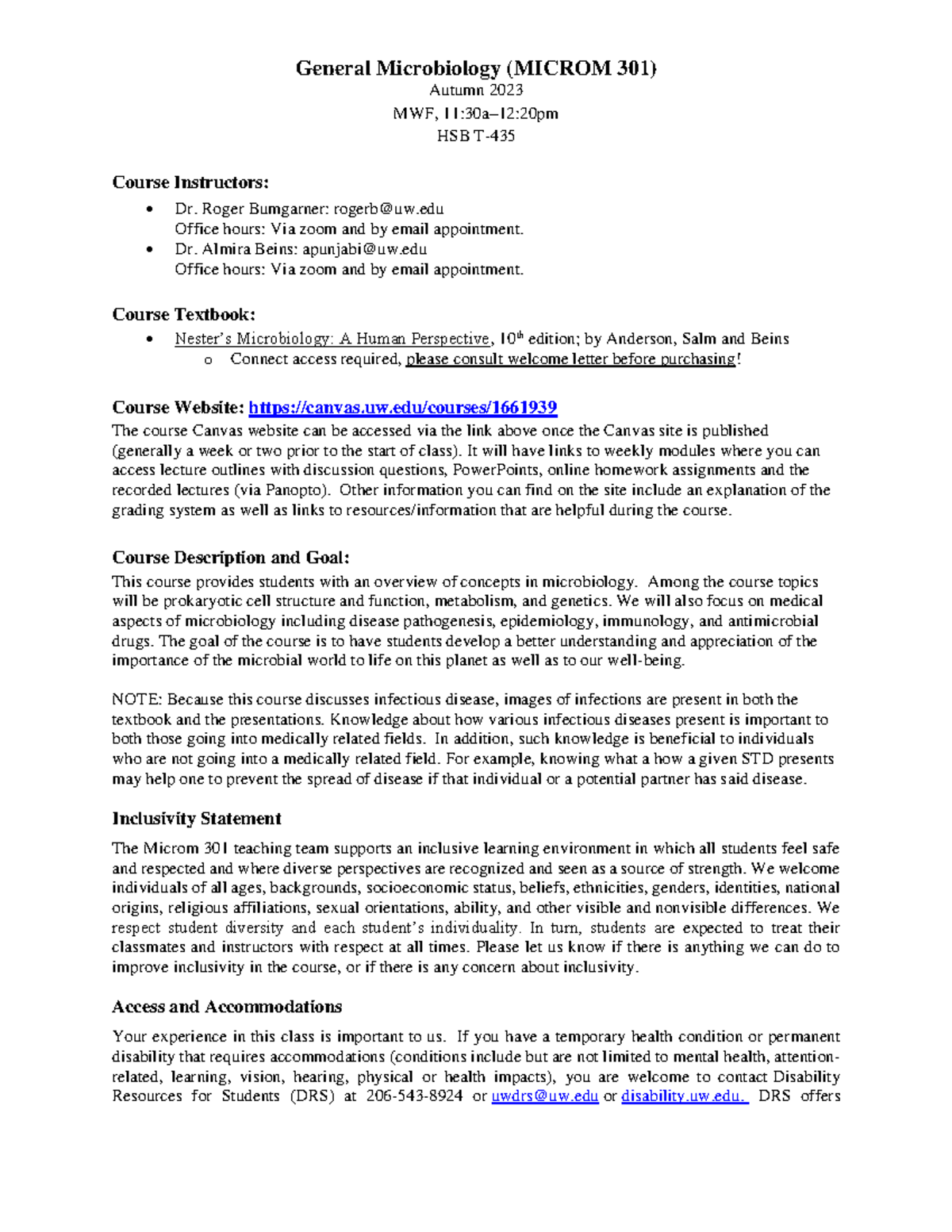 Microm 301 Syllabus - General Microbiology (MICROM 301 ) Autumn 2023 ...