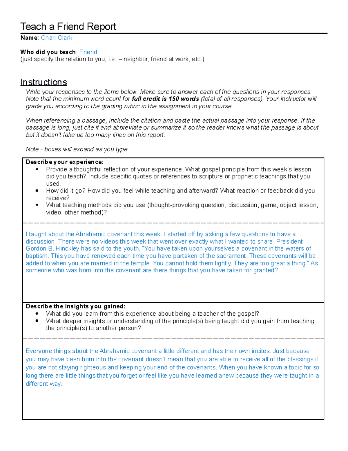 FDREL250 Week 5 Teach A Friend - Teach a Friend Report Name : Chari ...