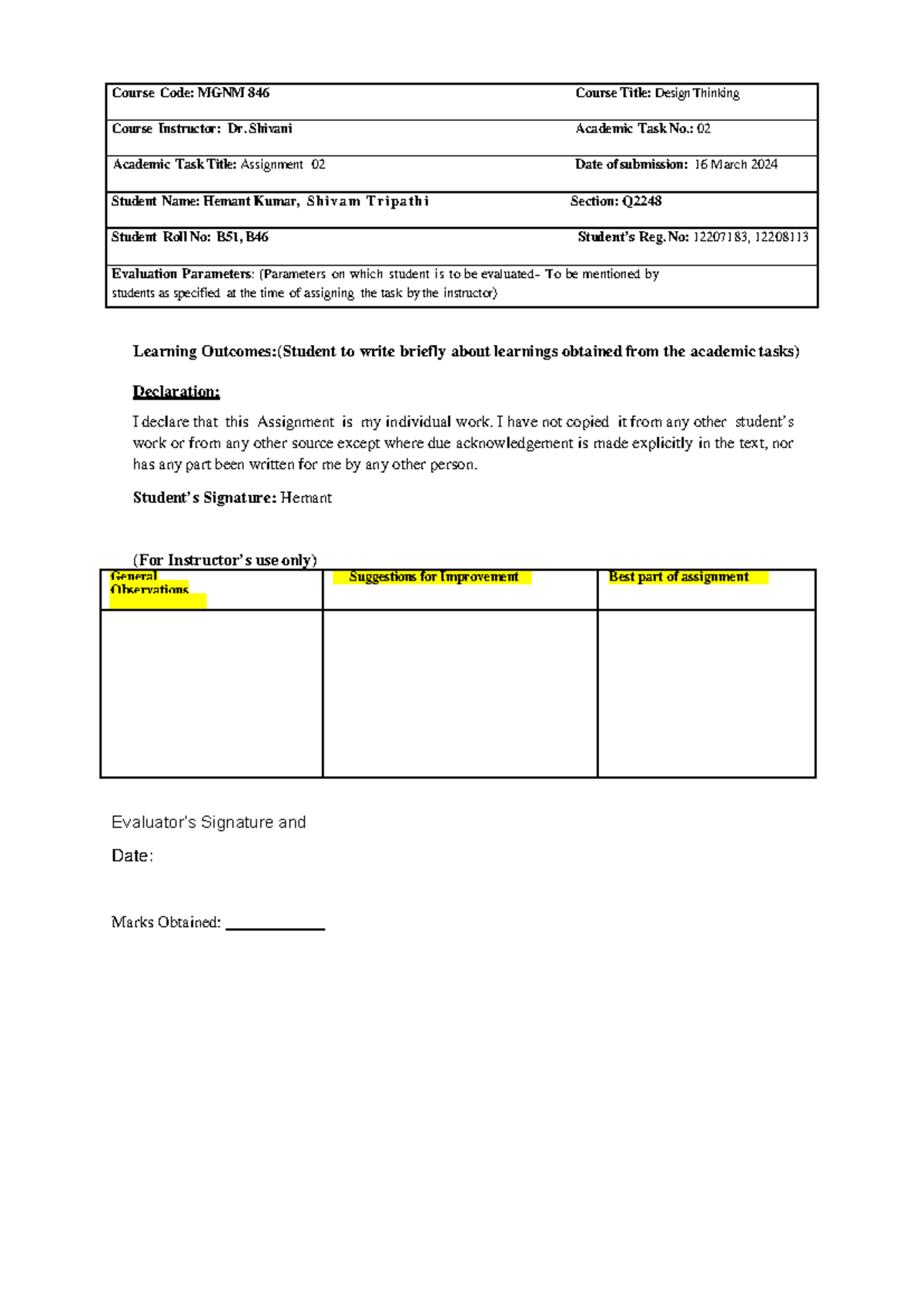 FInal Design thinking - Learning Outcomes:(Student to write briefly ...