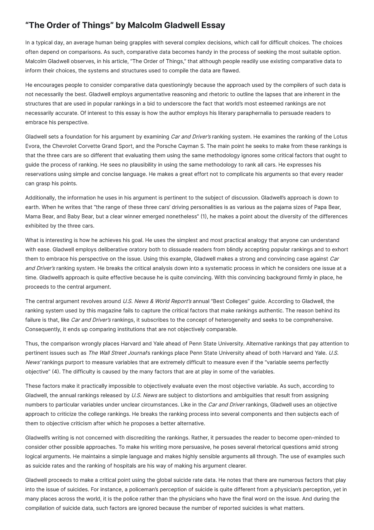 The Order of Things by Malcolm Gladwell - 1172 Words Essay Example ...