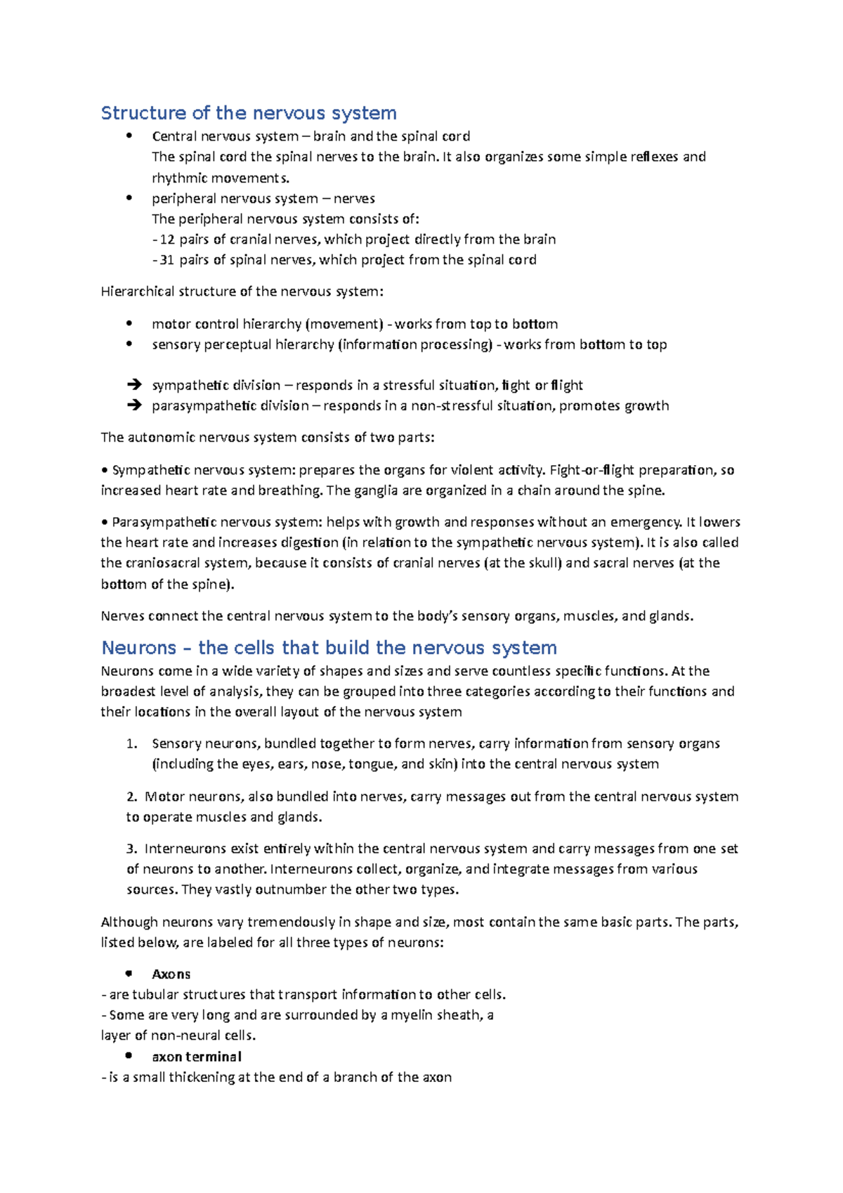 4 nervous system - summary of the 4th chapter - Psychology - Structure ...