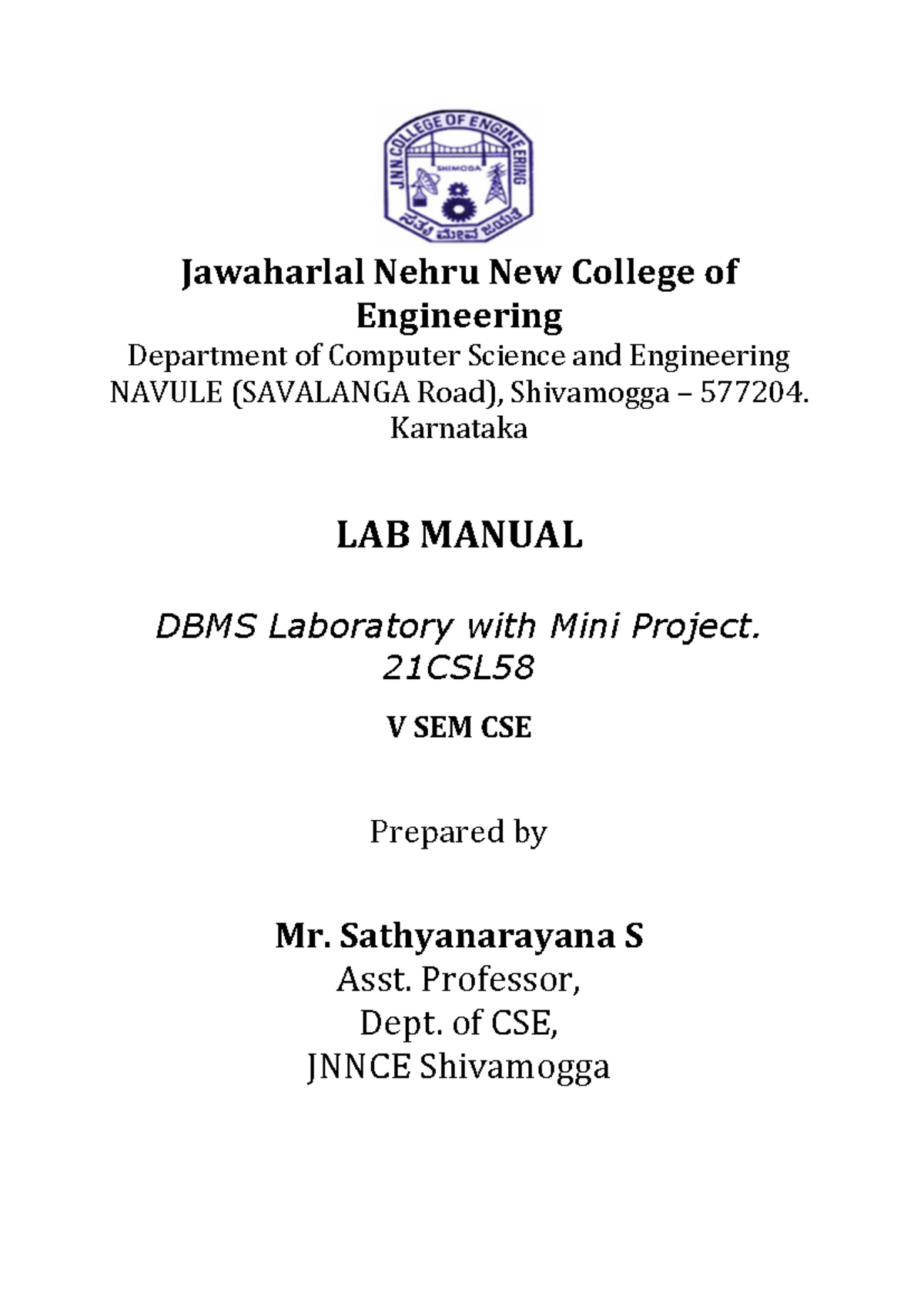 DBMS LAB Manual 21CSL58 - Jawaharlal Nehru New College of Engineering ...