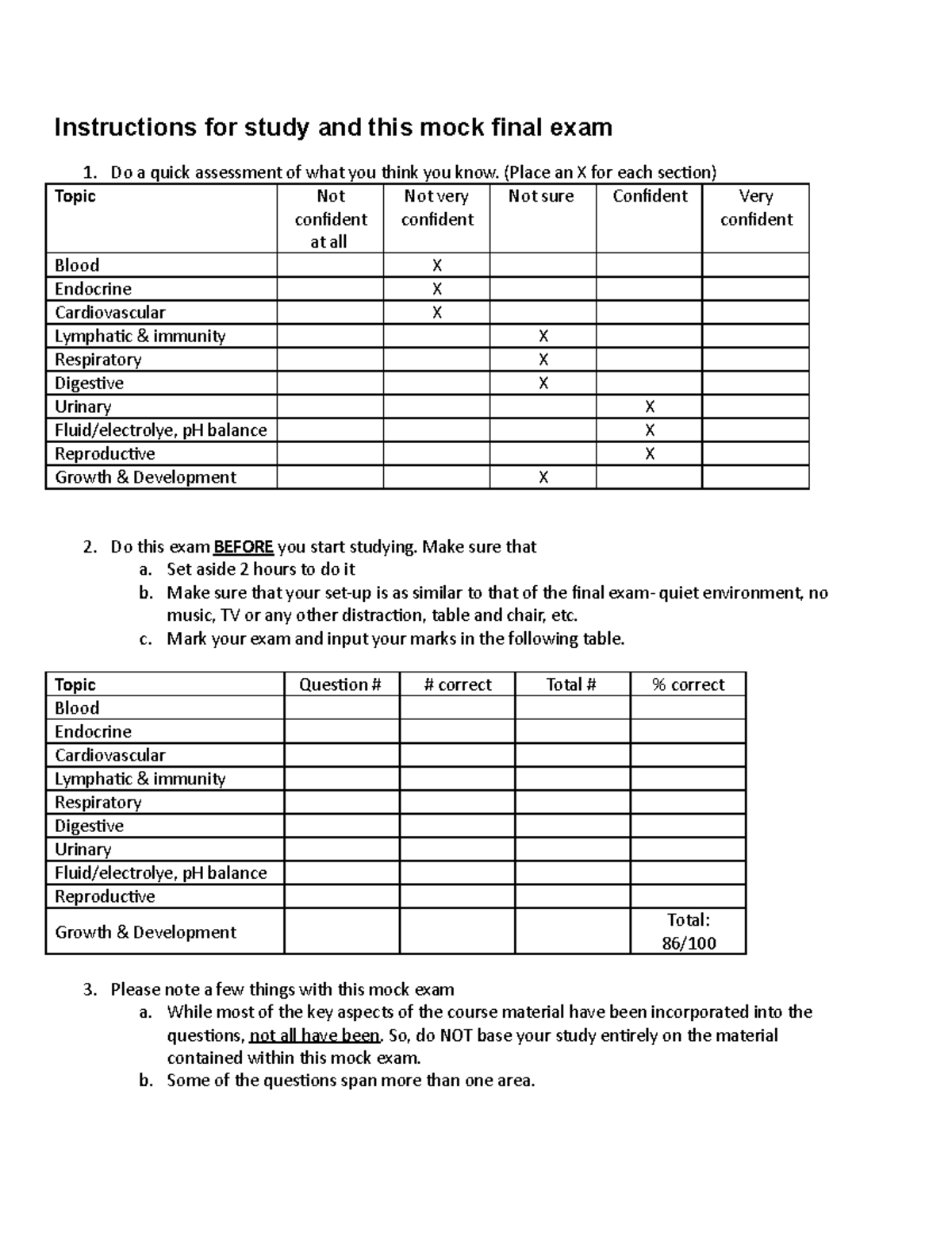 Final exam Mock - Instructions for study and this mock final exam 1. Do ...