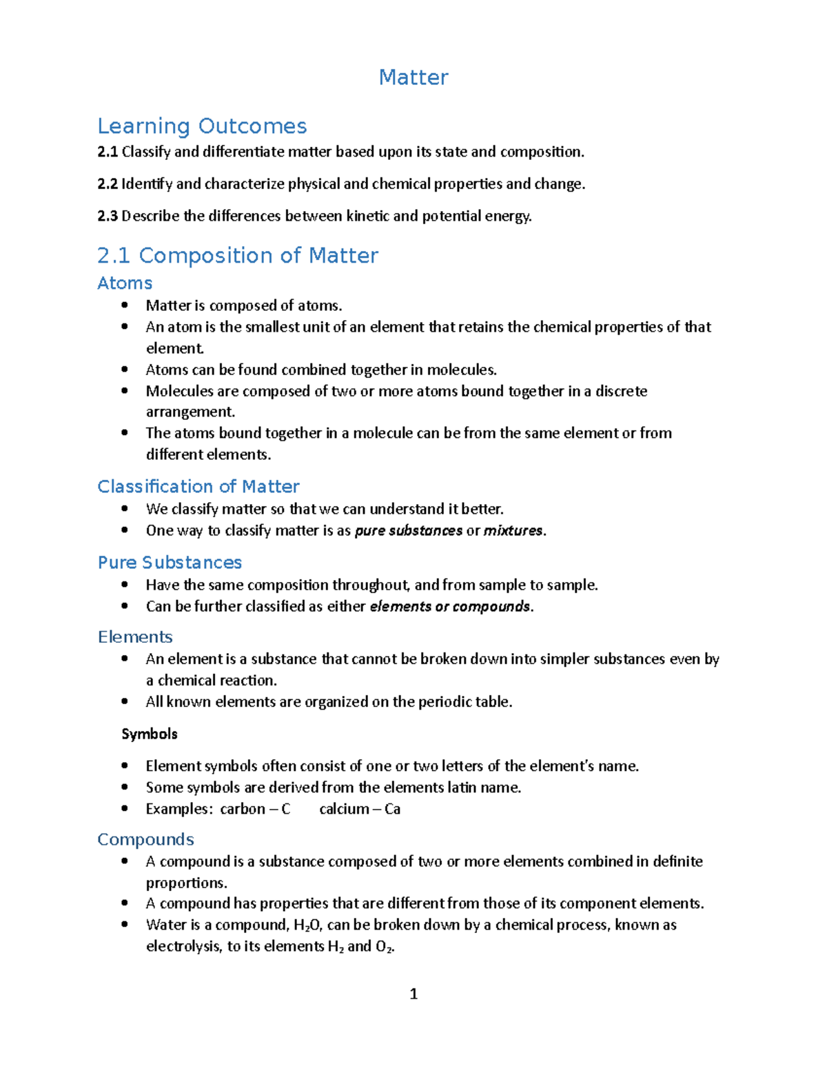 Matter & Atoms, Ions, Periodic Table - Matter Learning Outcomes 2 ...