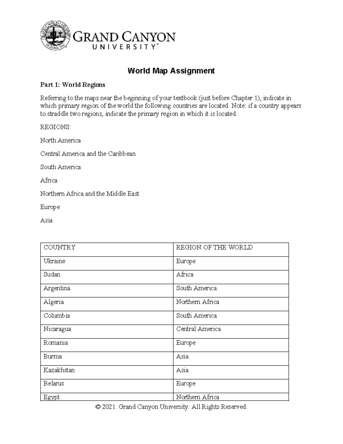 World MAP Wrksht - World Map Assignment Part 1: World Regions Referring ...